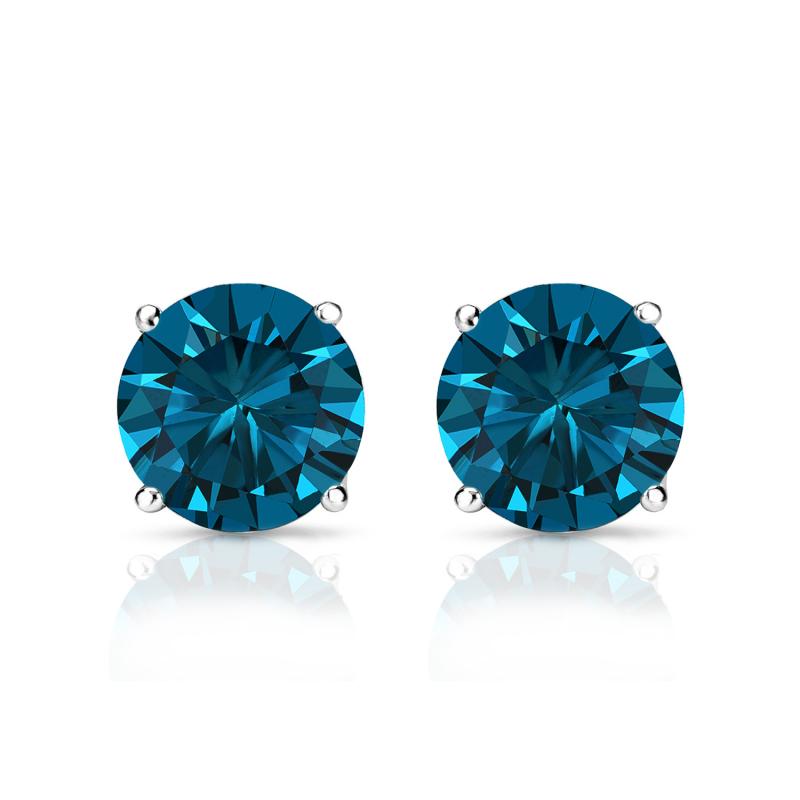 14k White Gold 4-Prong Basket Round Blue Diamond Stud Earrings 1.00 ct ...