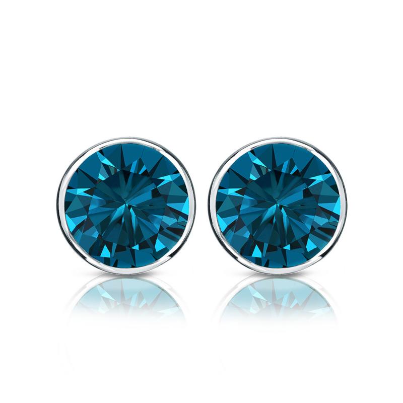 Certified Platinum Bezel Round Blue Diamond Stud Earrings 1.00 ct. tw ...