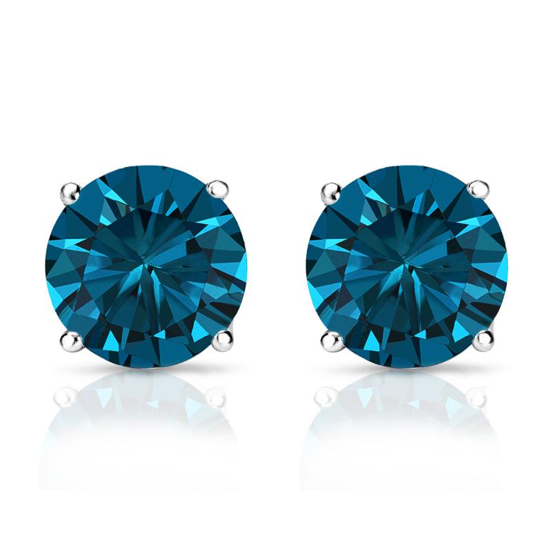 Platinum 4-Prong Basket Round Blue Diamond Stud Earrings 1.50 ct. tw ...