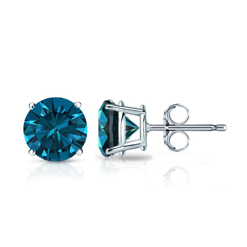 Platinum 4-Prong Basket Round Blue Diamond Stud Earrings 1.50 ct. tw ...