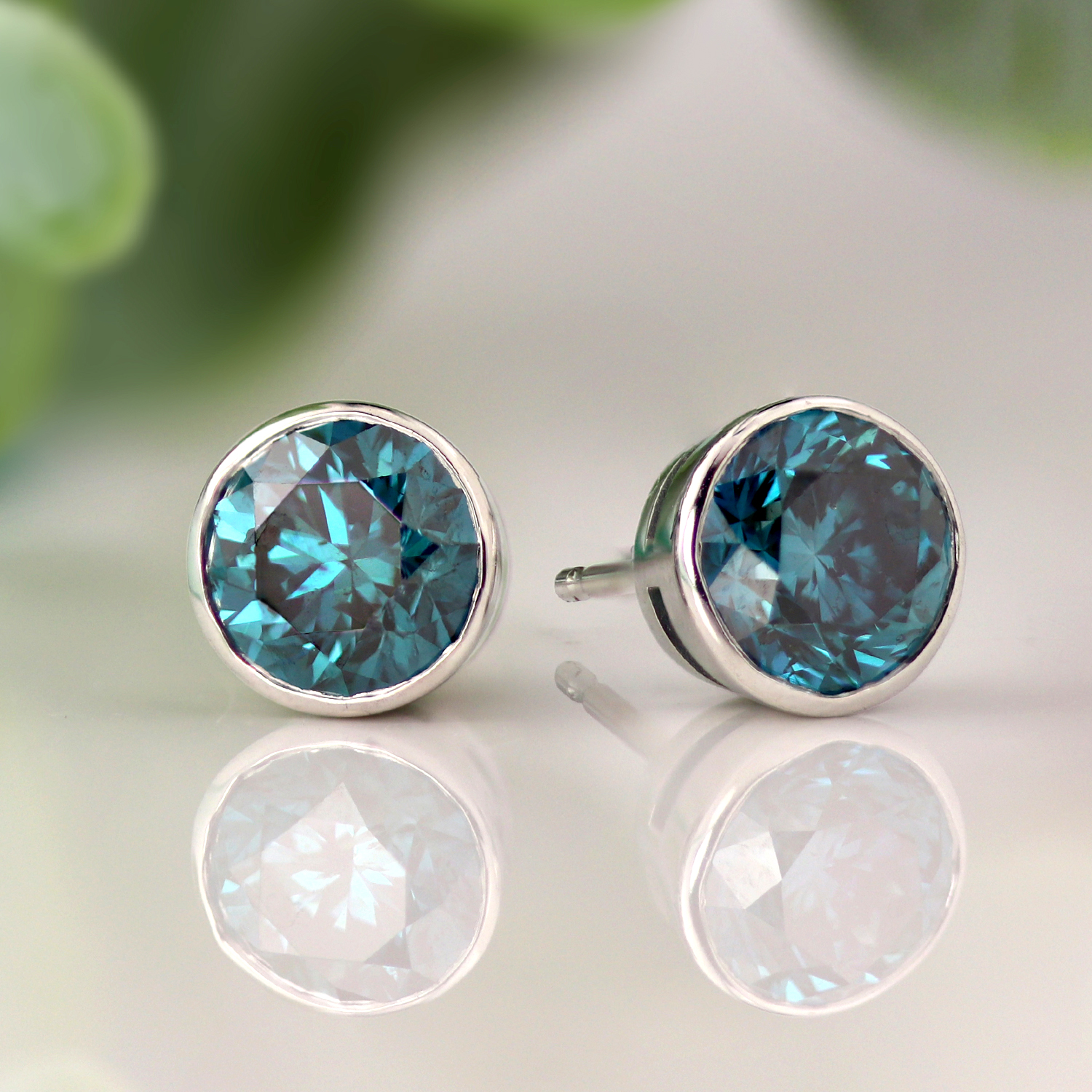 14k White Gold Bezel Round Blue Diamond Stud Earrings 1.50 ct. tw ...