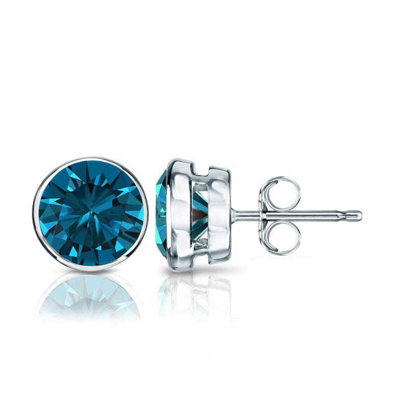14k White Gold Bezel Round Blue Diamond Stud Earrings 1.50 ct. tw ...