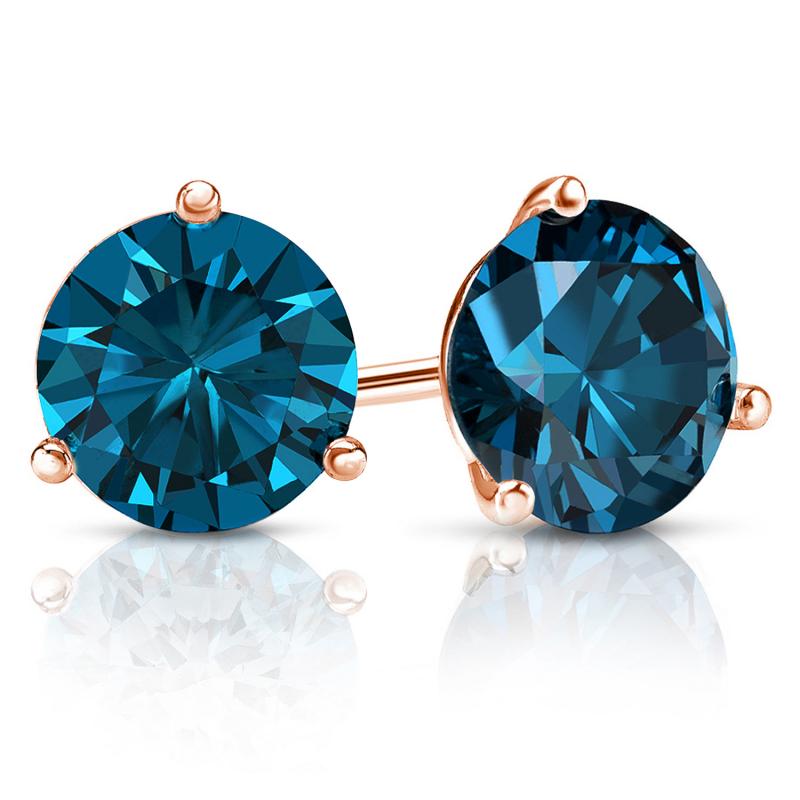 Certified 14k Rose Gold 3-Prong Martini Round Blue Diamond Stud ...