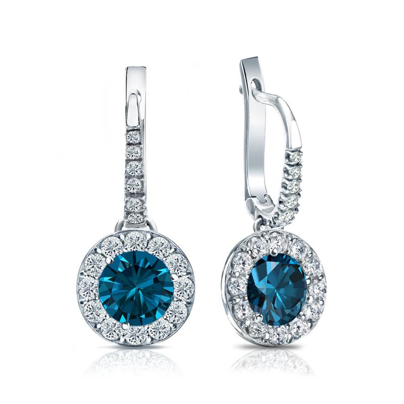 Certified 18k White Gold Dangle Studs Halo Round Blue Diamond Earrings ...