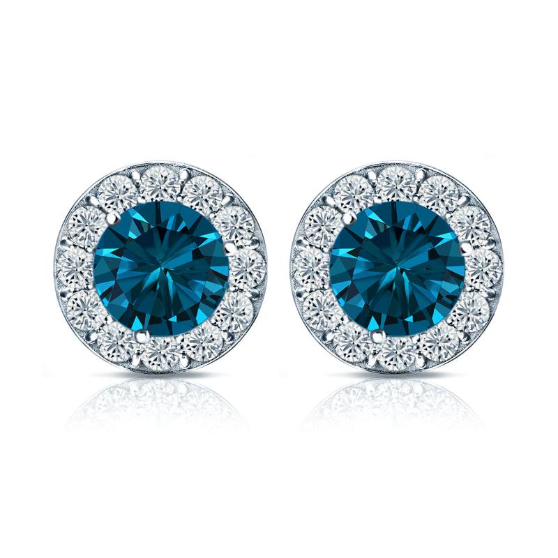 Platinum Halo Round Blue Diamond Stud Earrings 2.50 ct. tw. (Blue, SI1 ...