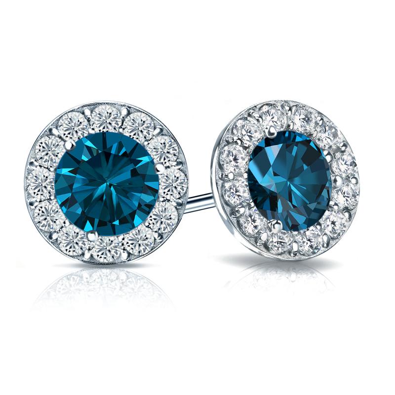 Certified 18k White Gold Halo Round Blue Diamond Stud Earrings 3.00 ct ...