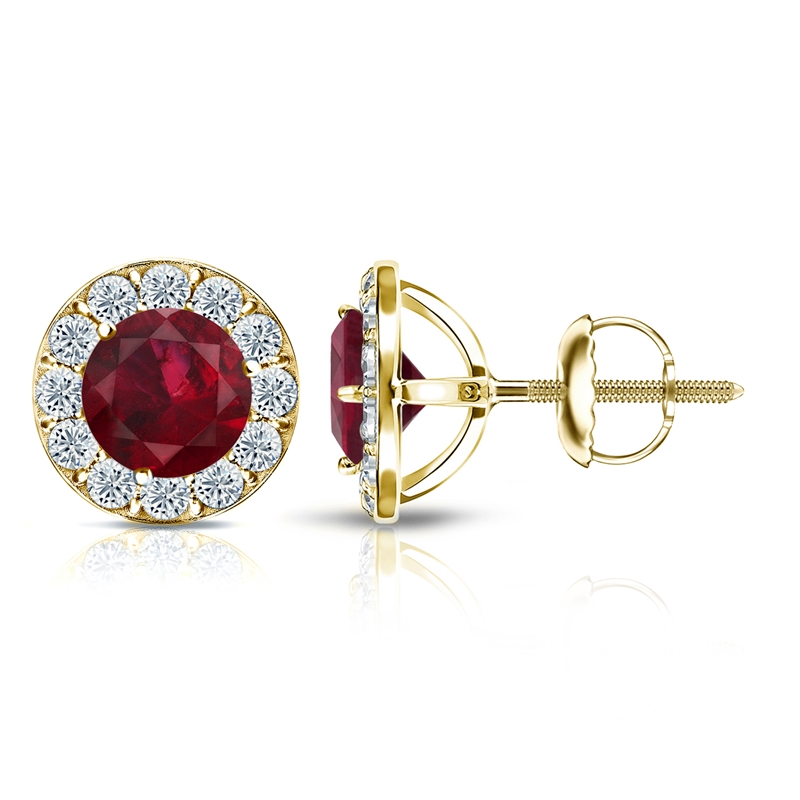 14k Yellow Gold Halo Round Ruby Gemstone Earrings 0.75 ct. tw ...