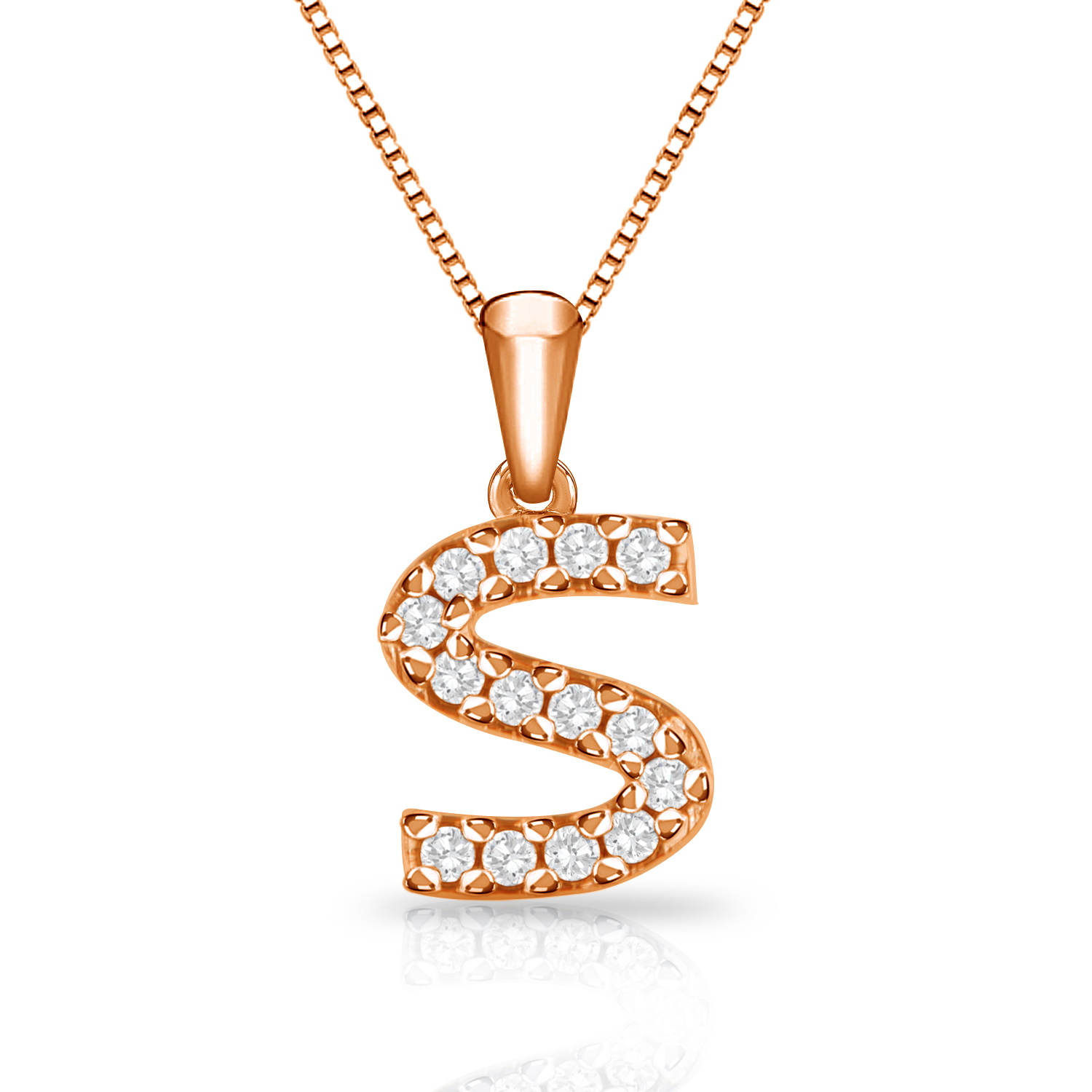 Diamond Letter S Initial Pendant in 14k Rose Gold (1/10 cttw) 18-Inch ...