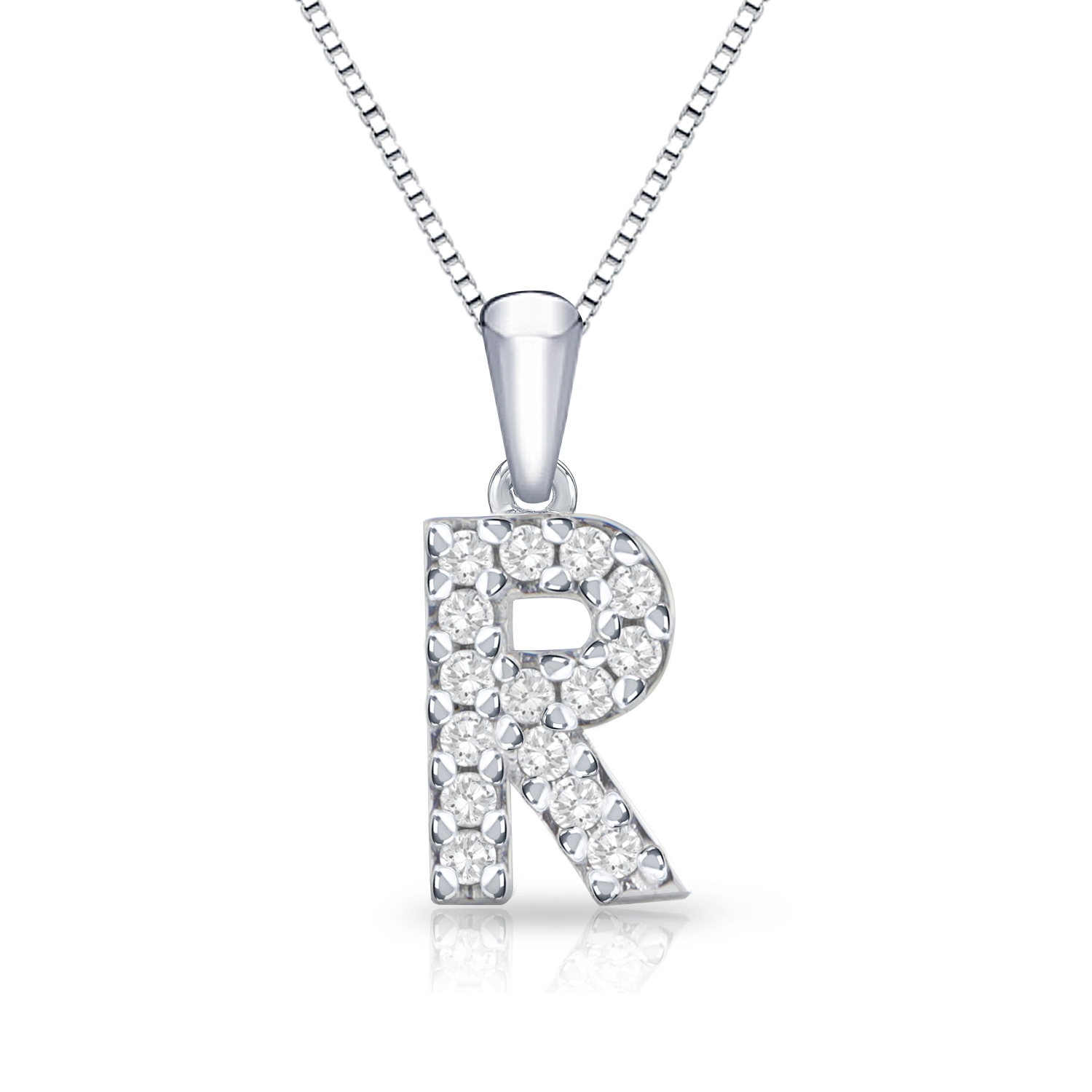 Diamond Letter R Initial Pendant in 14k White Gold (1/10 cttw) 18-Inch ...