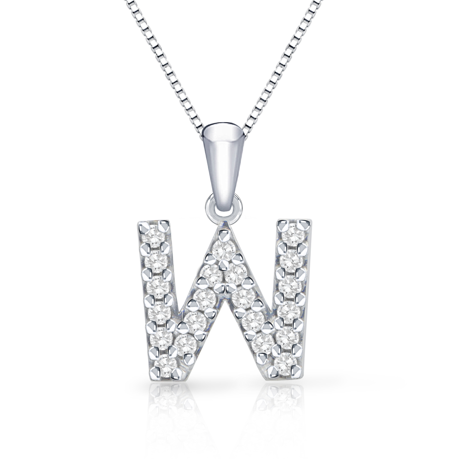 Diamond Letter W Initial Pendant in 14k White Gold (1/10 cttw) 18-Inch ...