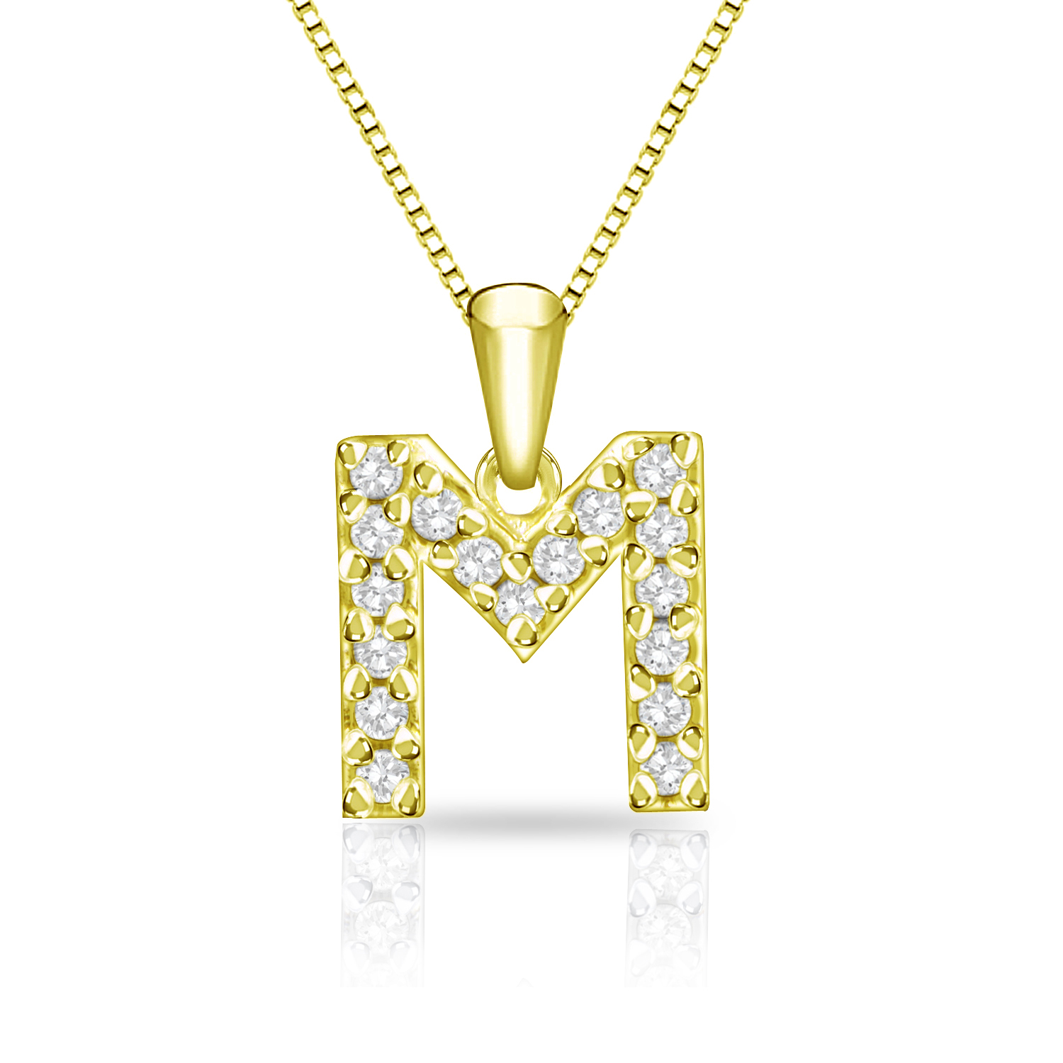 Diamond Letter M Initial Pendant in 14k Yellow Gold (1/10 cttw) 18-Inch ...