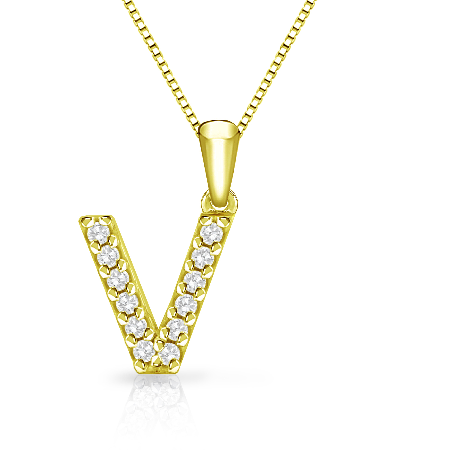 Diamond Letter V Initial Pendant in 14k Yellow Gold (1/10 cttw) 18-Inch ...