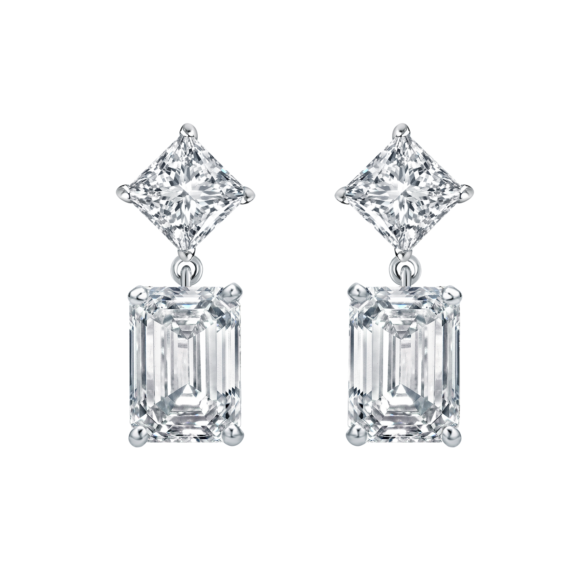 Lab Grown Diamond Two Stone Drop Earrings Princess and Emerald 6.00 ct ...