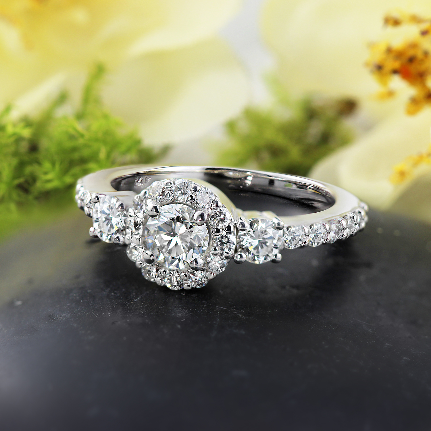 3 Stone Halo Diamond Engagement Ring in 14K White Gold 3 4 cttw DiamondStuds