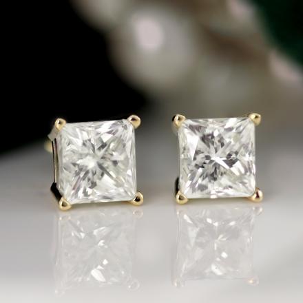 DiamondStuds Natural Diamond Stud Earrings Princess 2.00 ct. tw. 1.00ct. Each Ear G h Vs1 vs2 18K Yellow Gold 4 Prong Basket